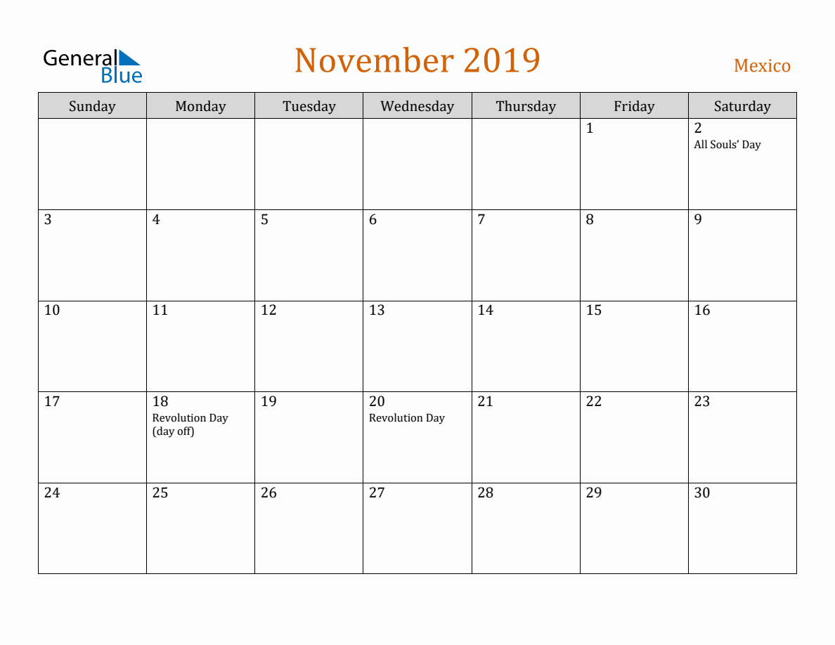 Free November 2019 Mexico Calendar