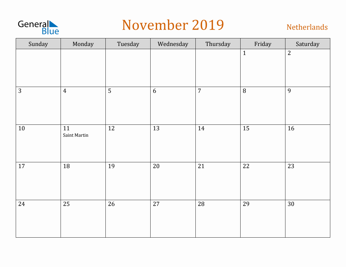 Free November 2019 The Netherlands Calendar