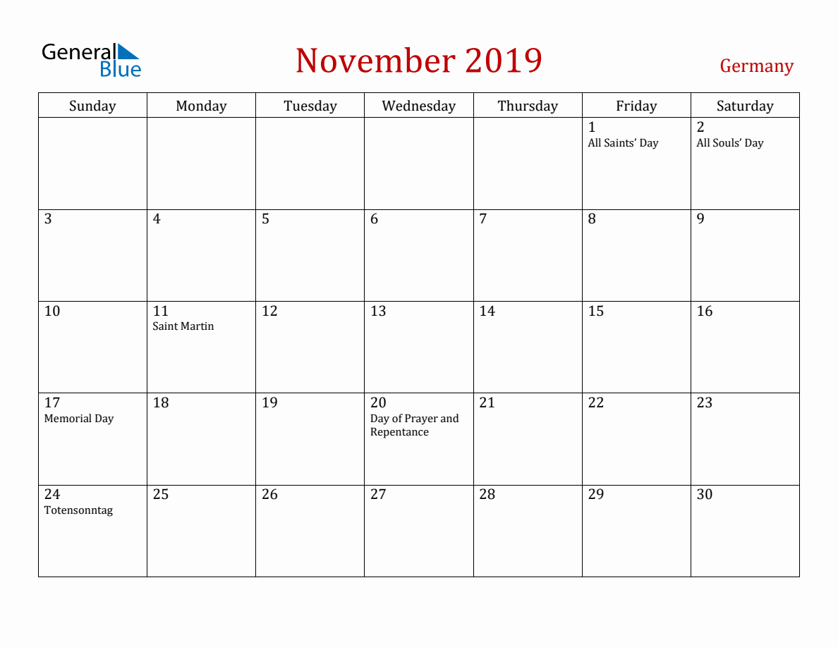 November 2019 Germany Monthly Calendar with Holidays