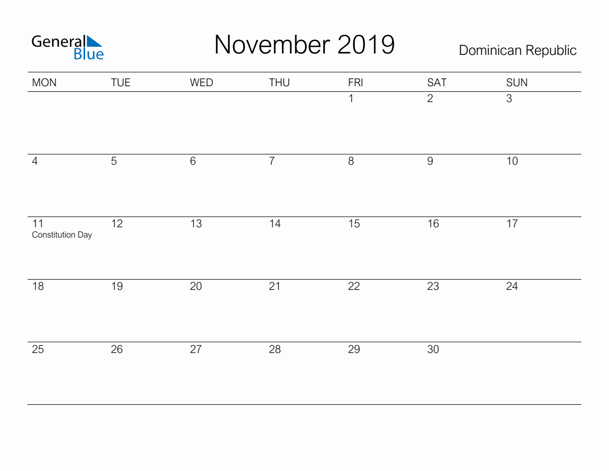 Printable November 2019 Monthly Calendar with Holidays for Dominican ...