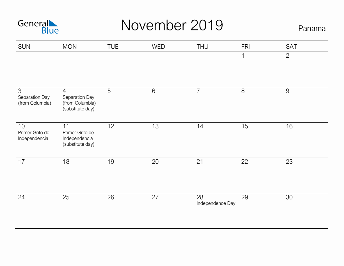 Printable November 2019 Monthly Calendar with Holidays for Panama