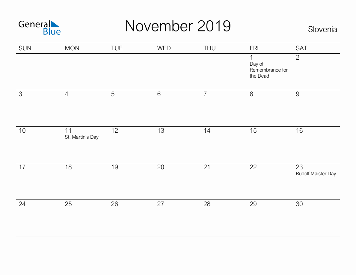 Printable November 2019 Monthly Calendar with Holidays for Slovenia