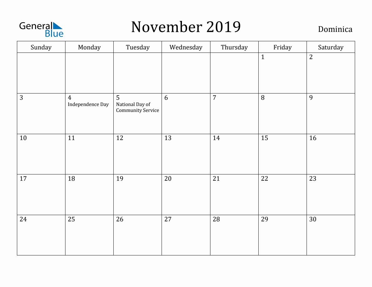 November 2019 Monthly Calendar with Dominica Holidays