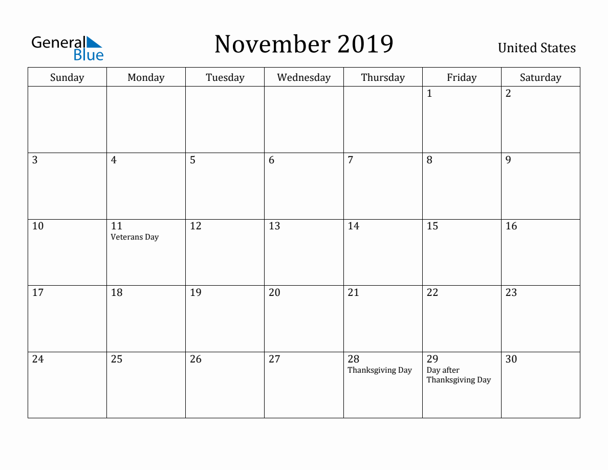 November 2019 Monthly Calendar with United States Holidays