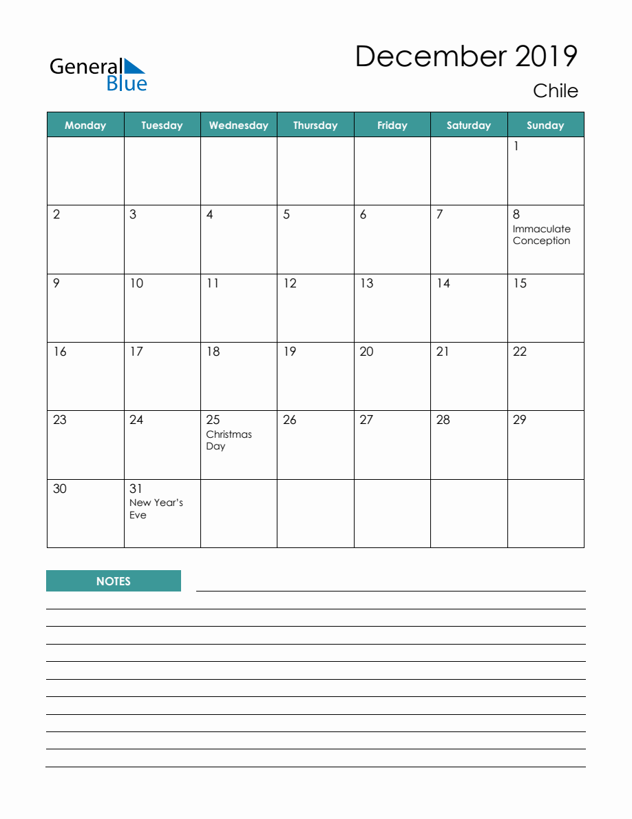 Monthly Planner with Chile Holidays - December 2019 (Monday Start)