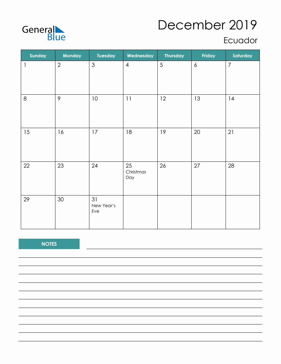 Monthly Planner with Ecuador Holidays - December 2019