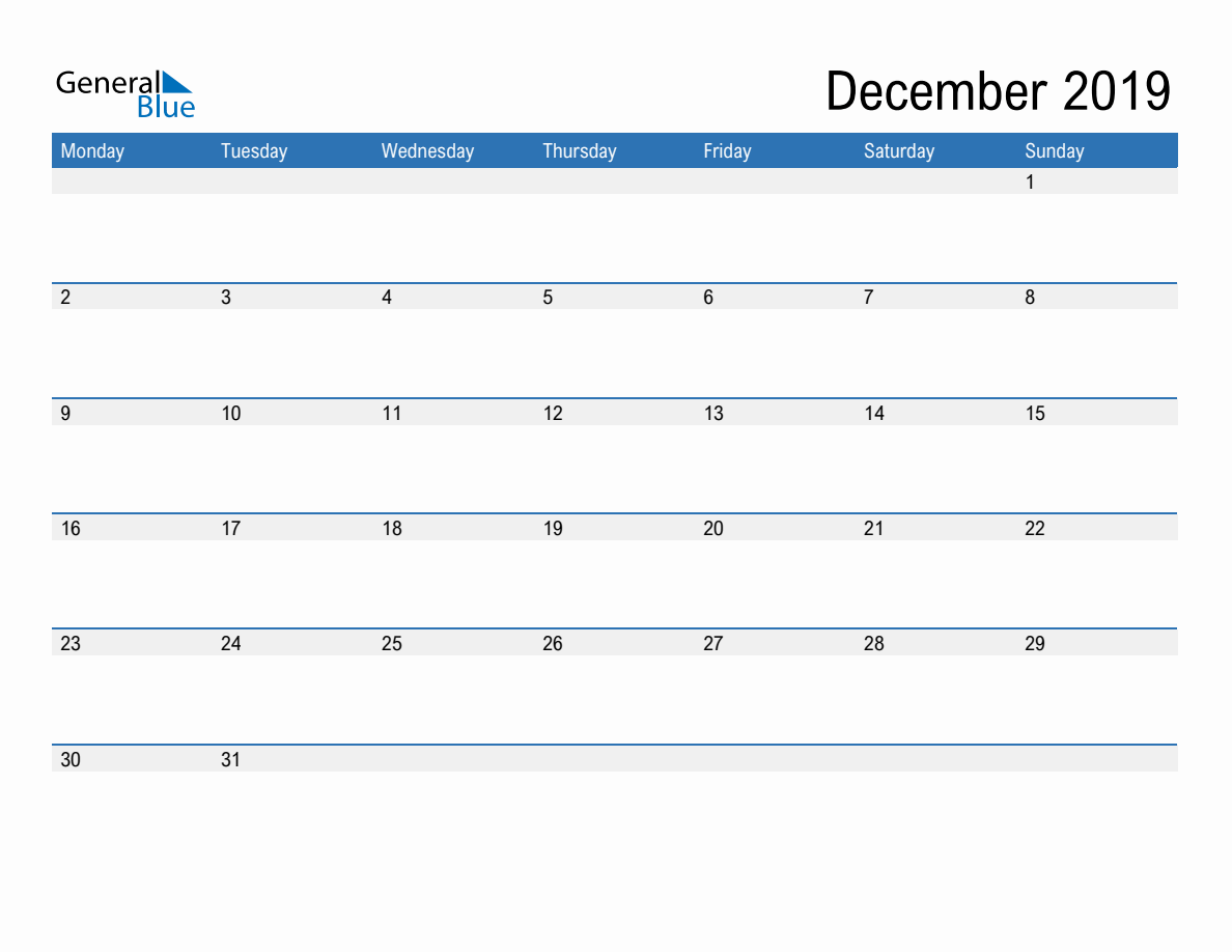 Editable Calendar Template for December 2019 - Monday Start
