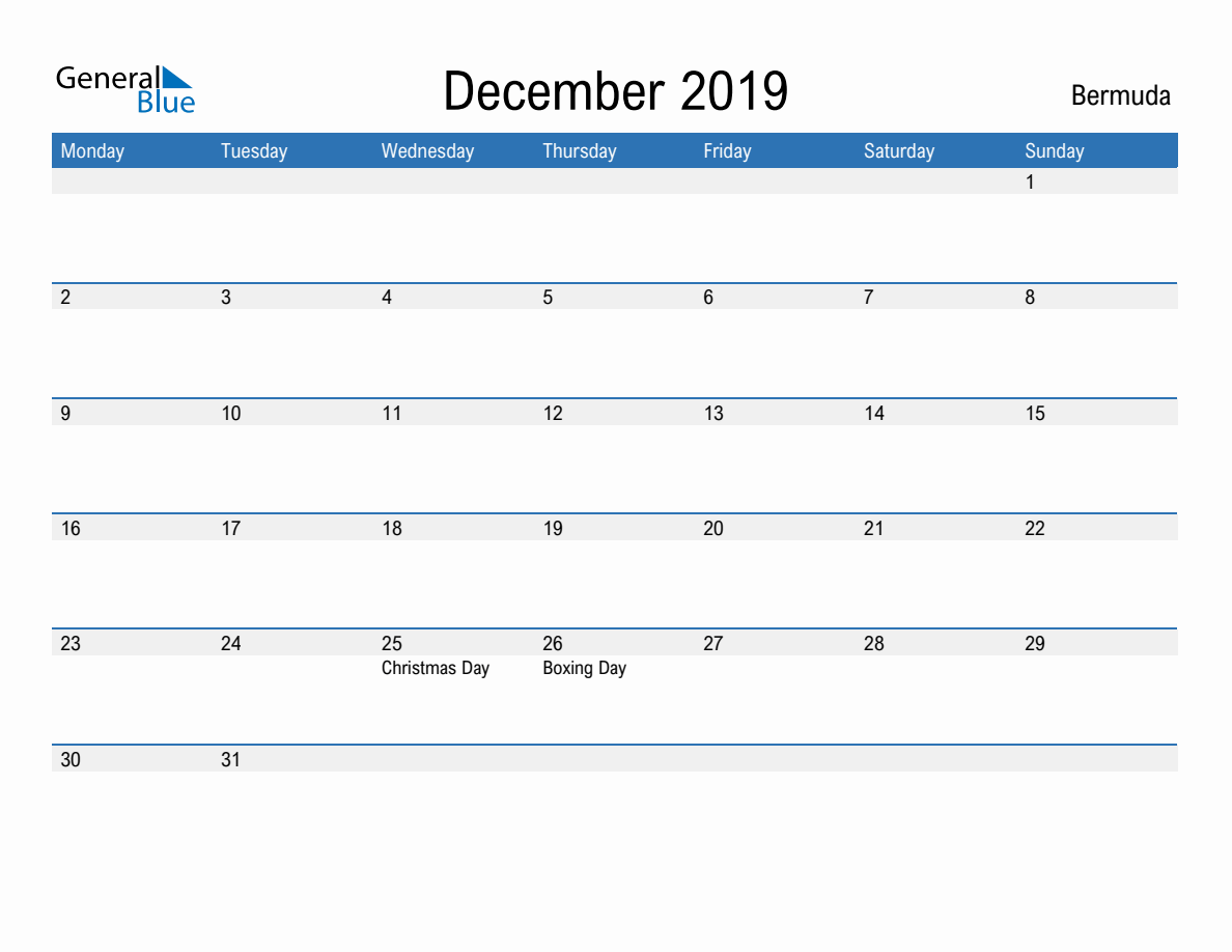 Editable December 2019 Calendar with Bermuda Holidays