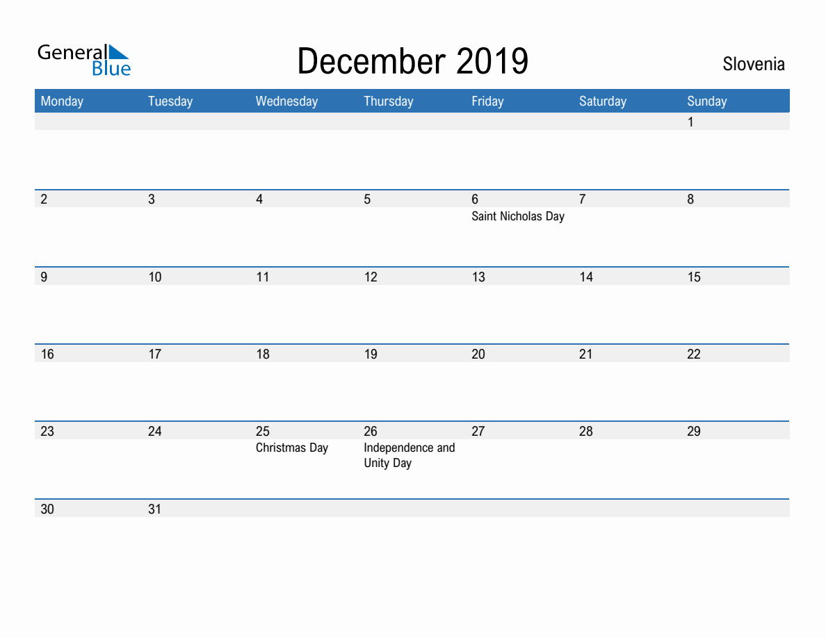 Editable December 2019 Calendar with Slovenia Holidays (Monday Start)