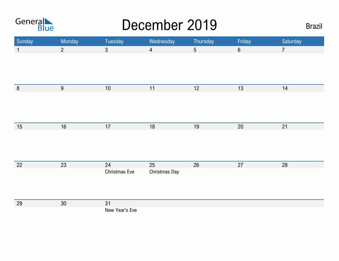 Editable December 2019 Calendar with Brazil Holidays