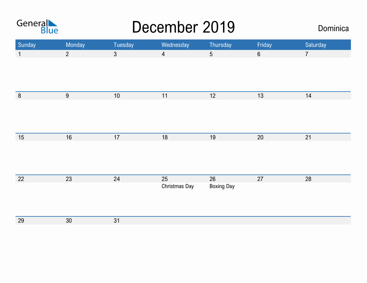 Editable December 2019 Calendar with Dominica Holidays