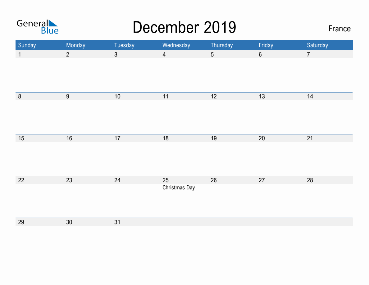 Editable December 2019 Calendar with France Holidays