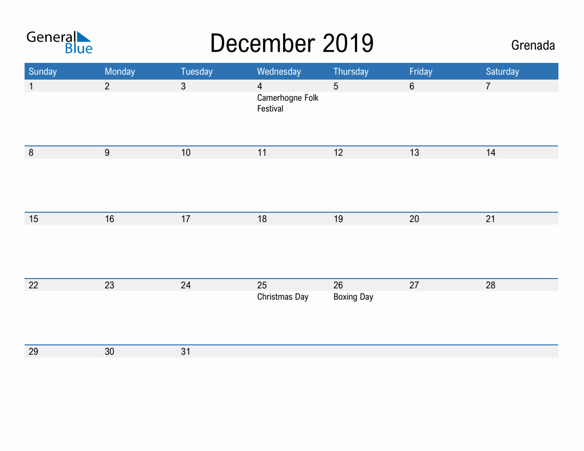 December 2019 Monthly Calendars with Grenada Holidays