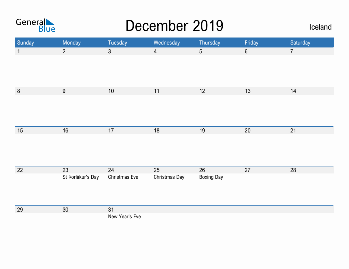 December 2019 Monthly Calendars with Iceland Holidays