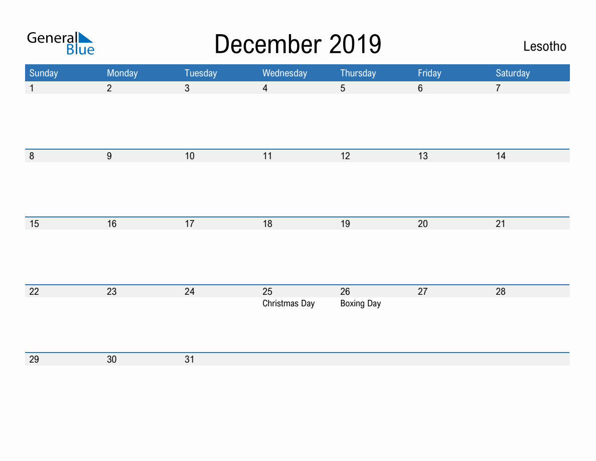 Editable December 2019 Calendar with Lesotho Holidays