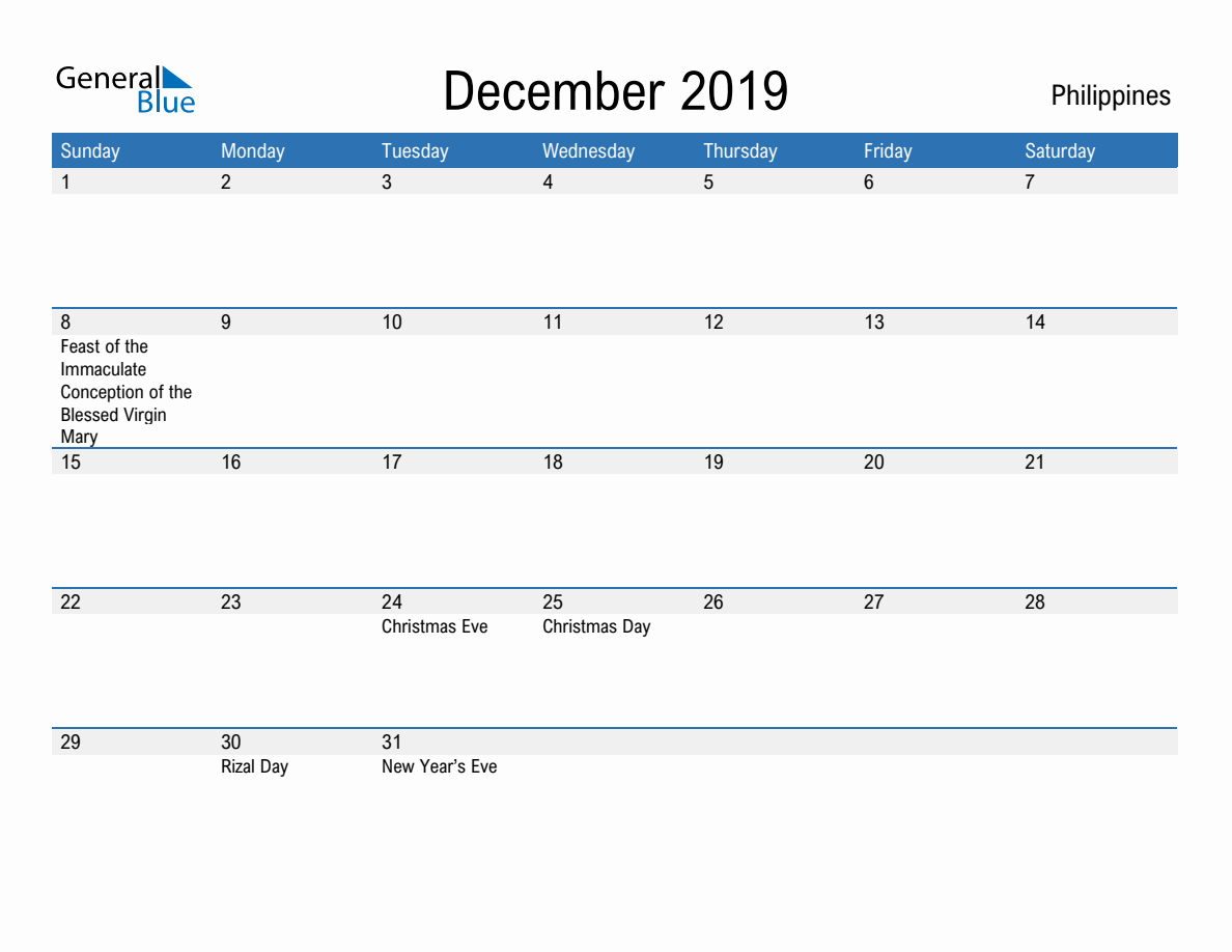 Editable December 2019 Calendar with Philippines Holidays