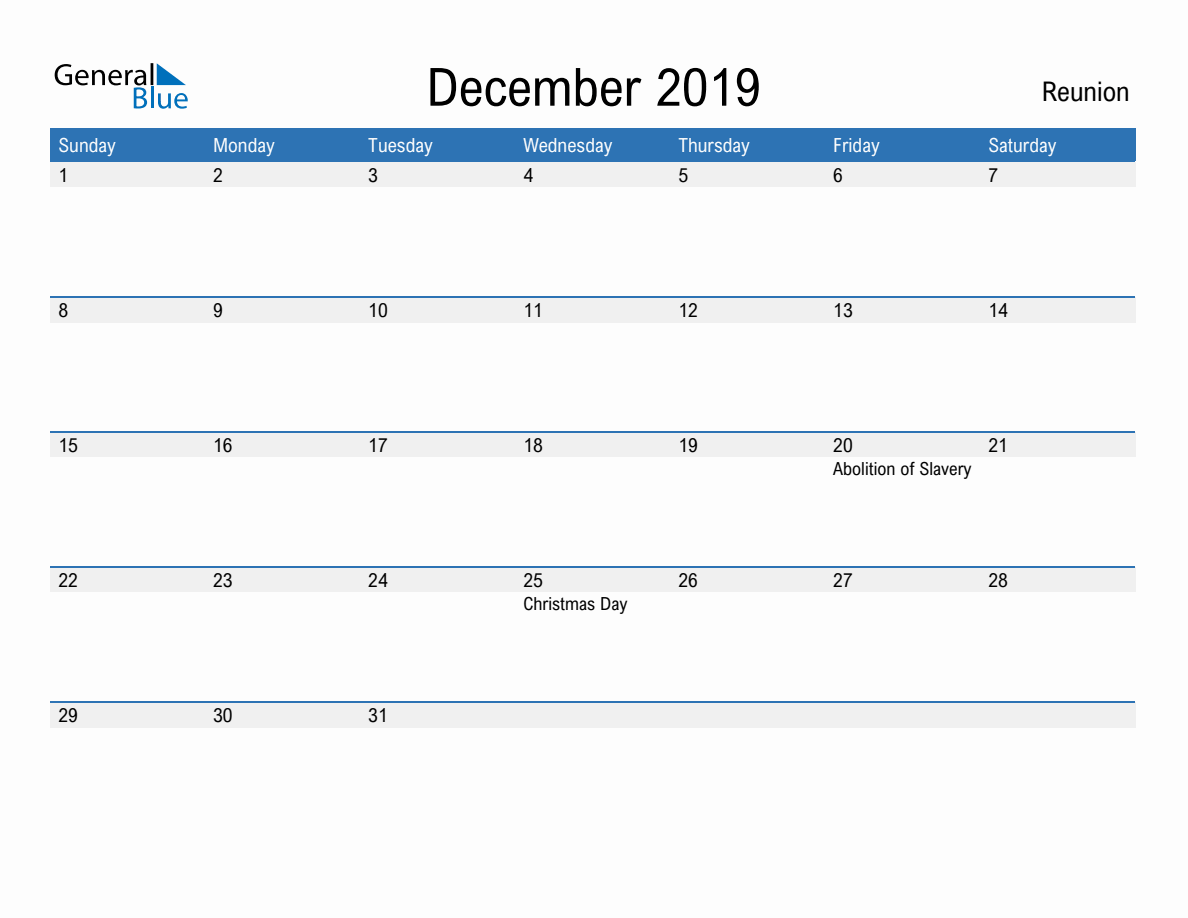 December 2019 Monthly Calendars with Reunion Holidays