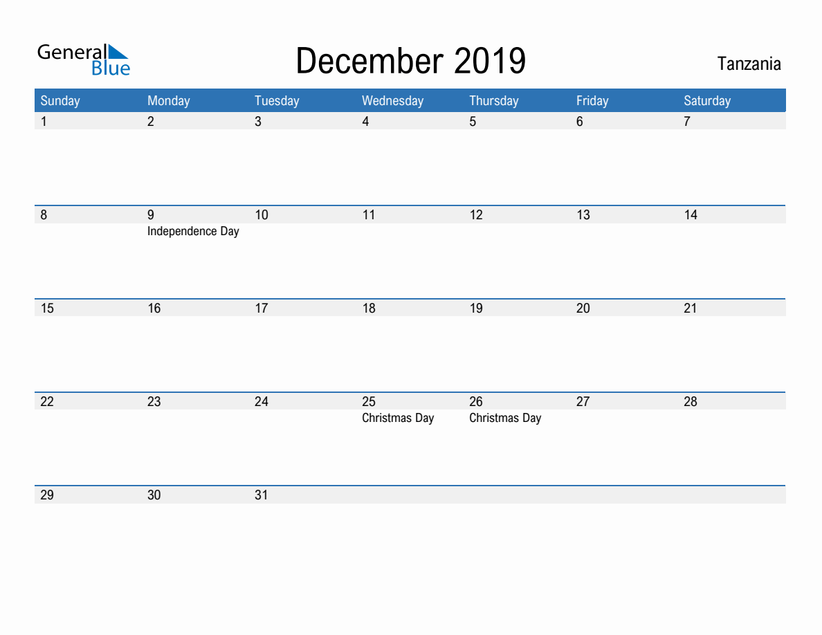 Editable December 2019 Calendar with Tanzania Holidays