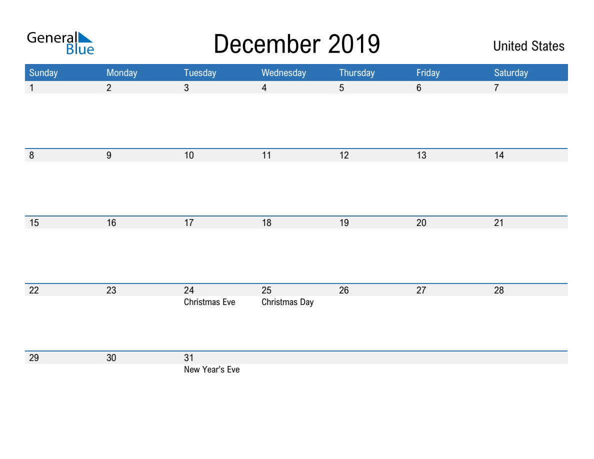 December 2019 Monthly Calendars with United States Holidays