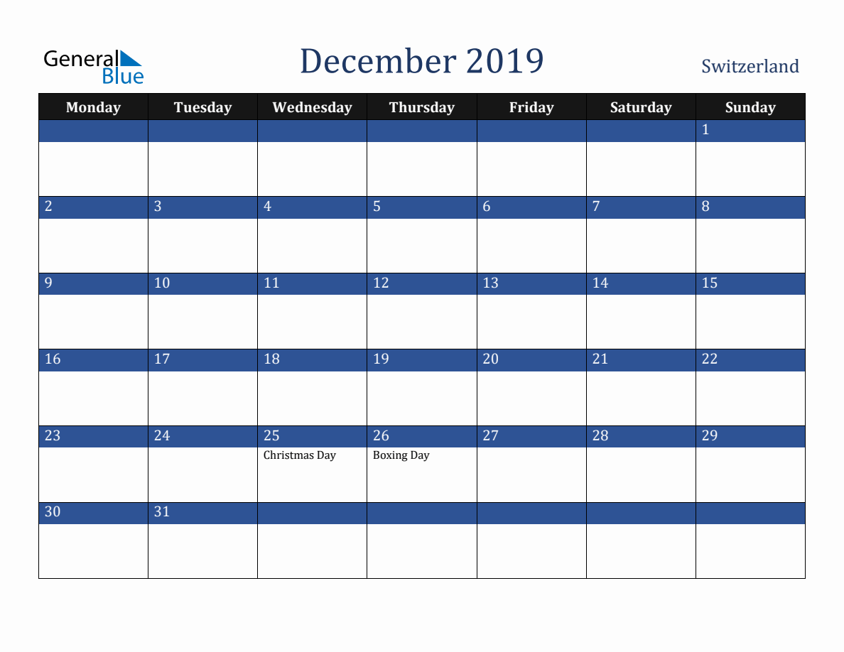 December 2019 Switzerland Holiday Calendar (Monday Start)