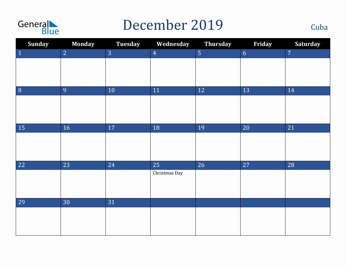 December 2019 Cuba Holiday Calendar