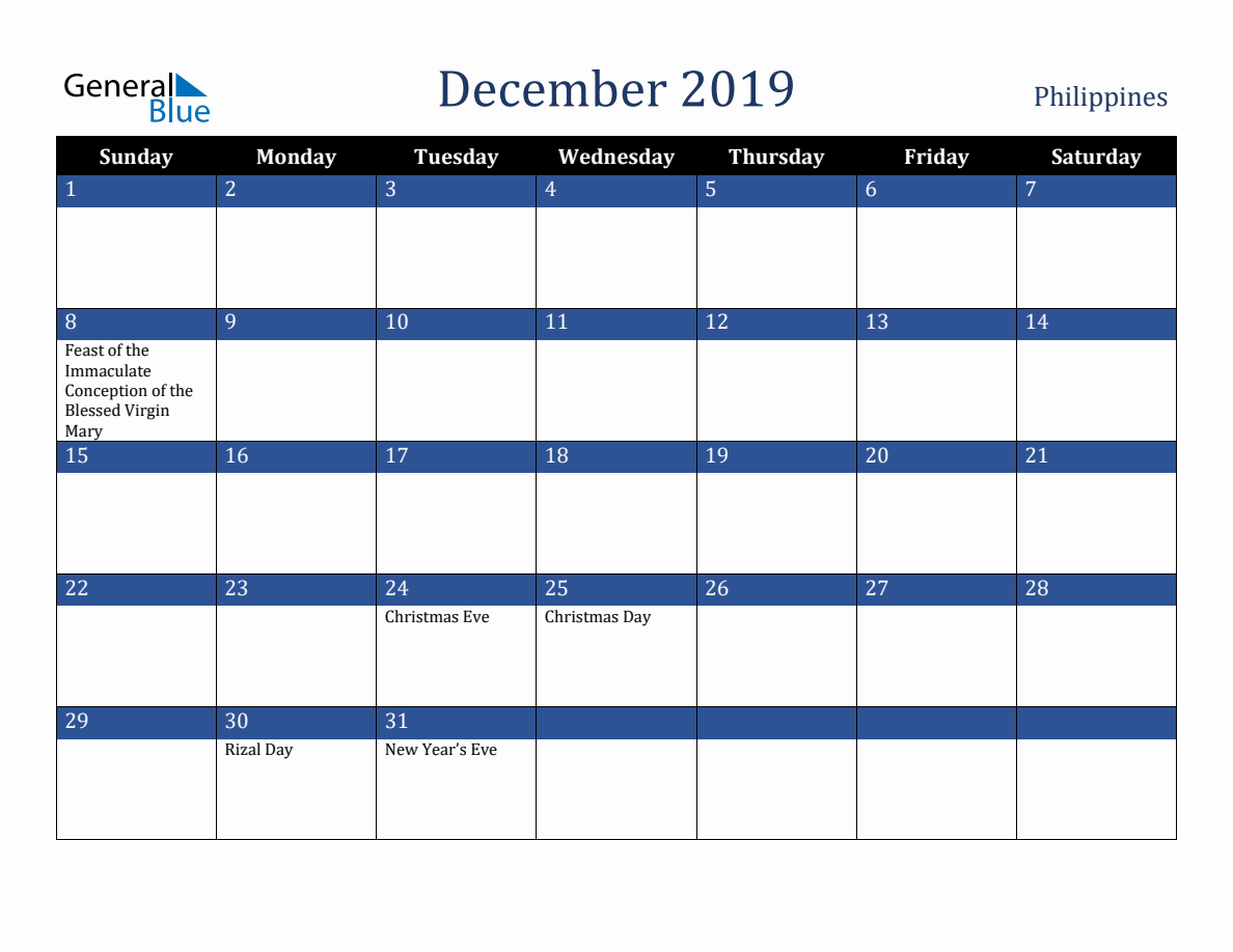 December 2019 Philippines Holiday Calendar
