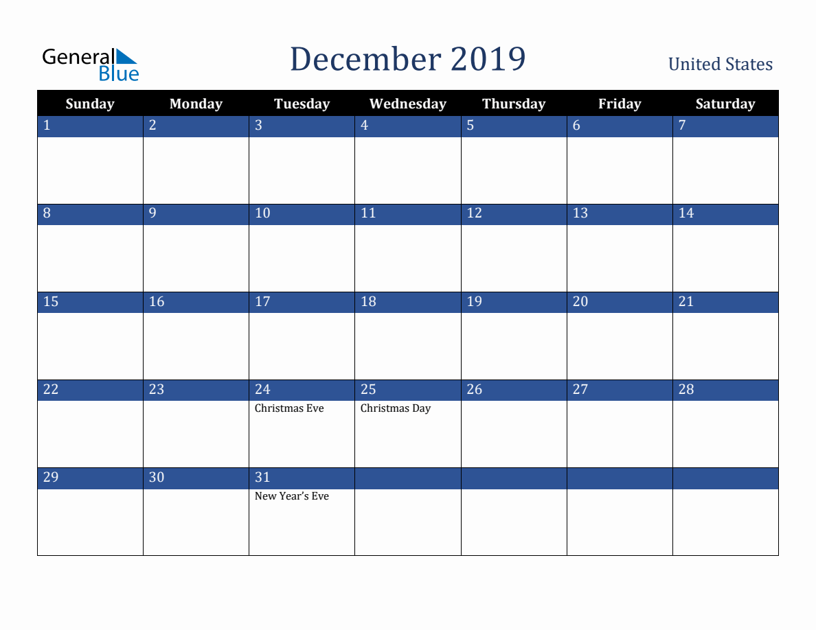 December 2019 United States Holiday Calendar