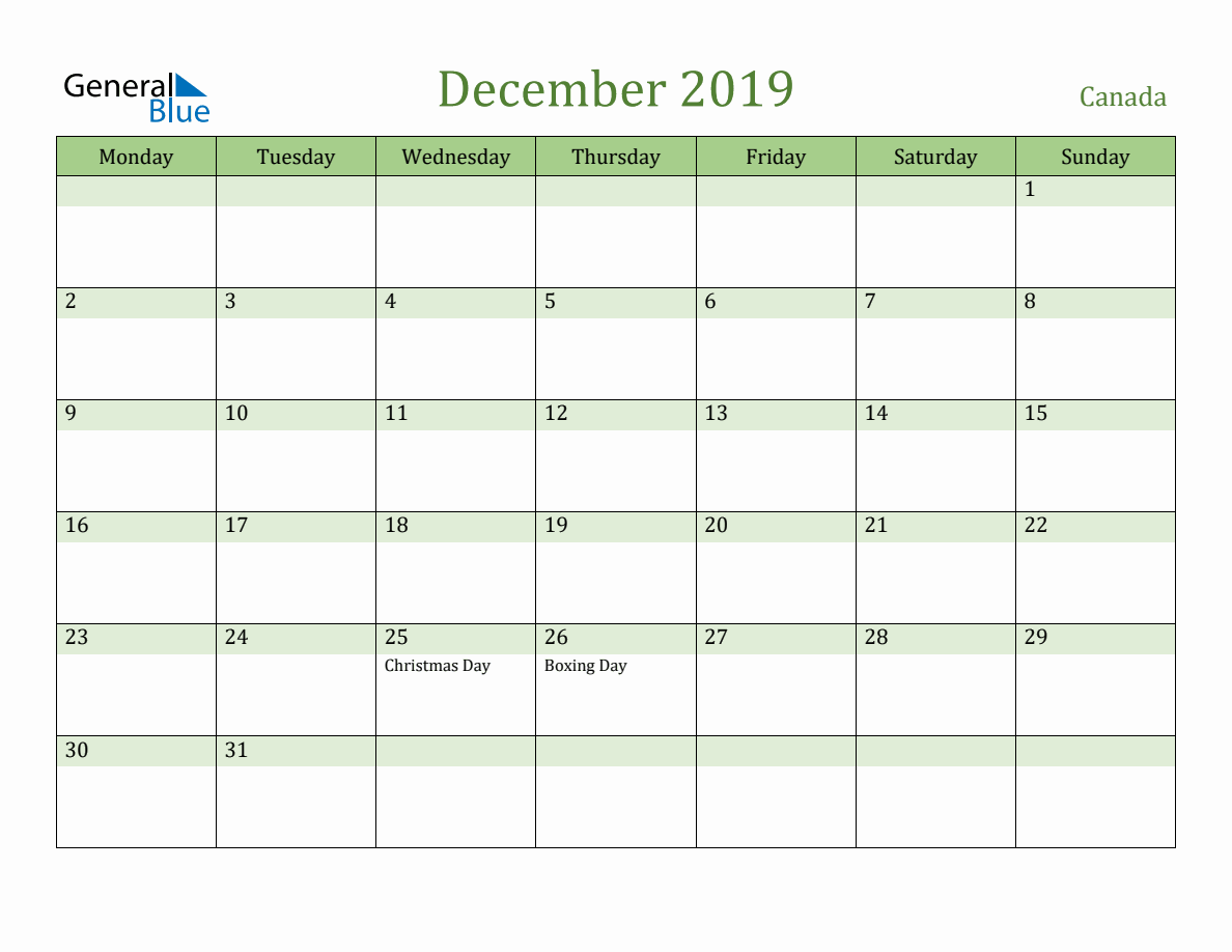 Fillable Holiday Calendar for Canada - December 2019 (Monday Start)