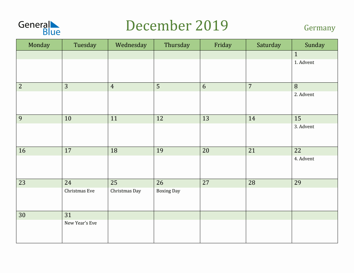 Fillable Holiday Calendar for Germany - December 2019