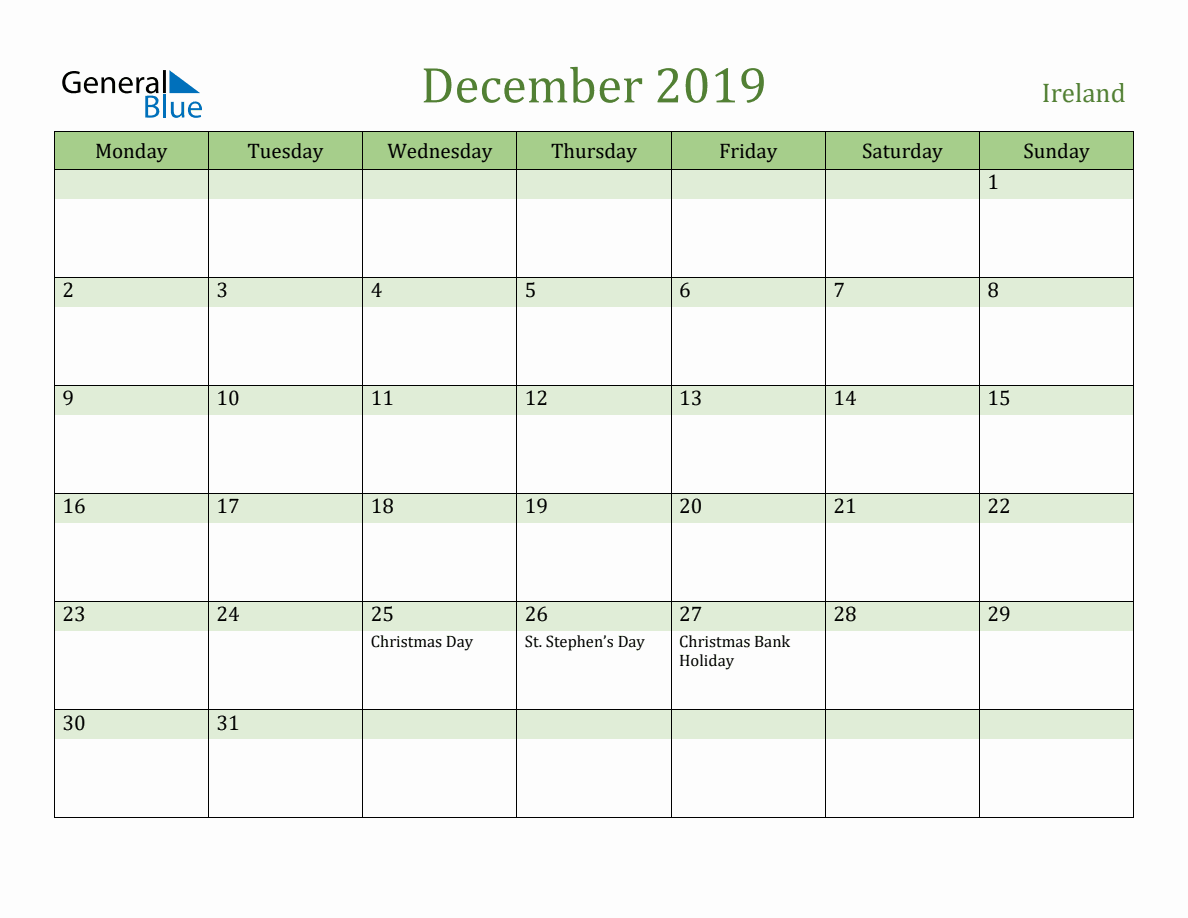 Fillable Holiday Calendar for Ireland - December 2019
