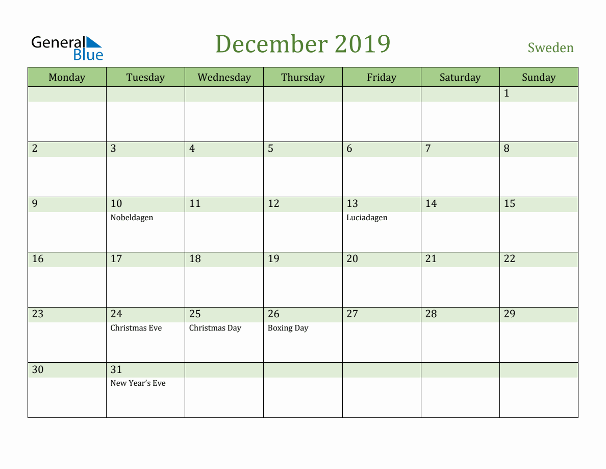 Fillable Holiday Calendar for Sweden - December 2019