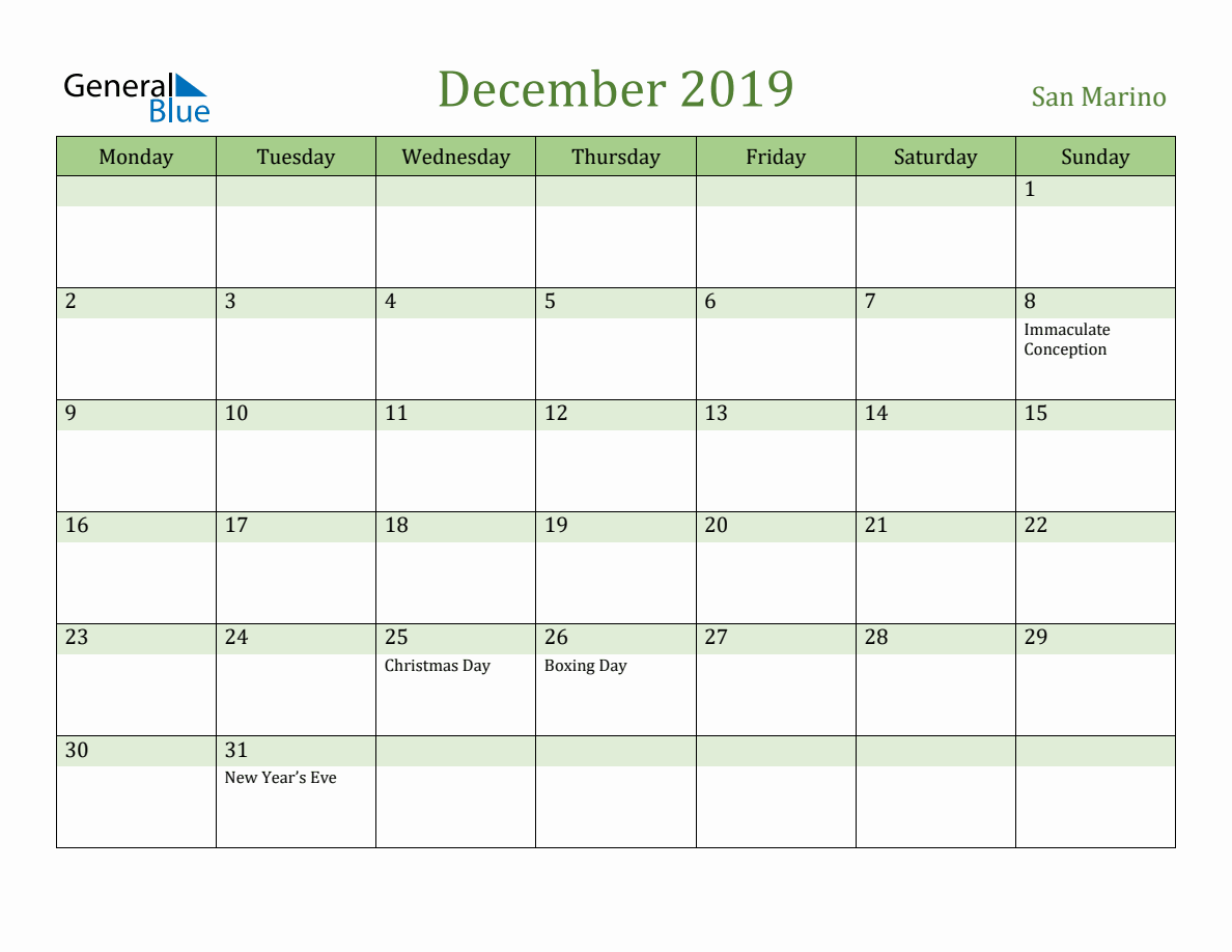 Fillable Holiday Calendar for San Marino - December 2019