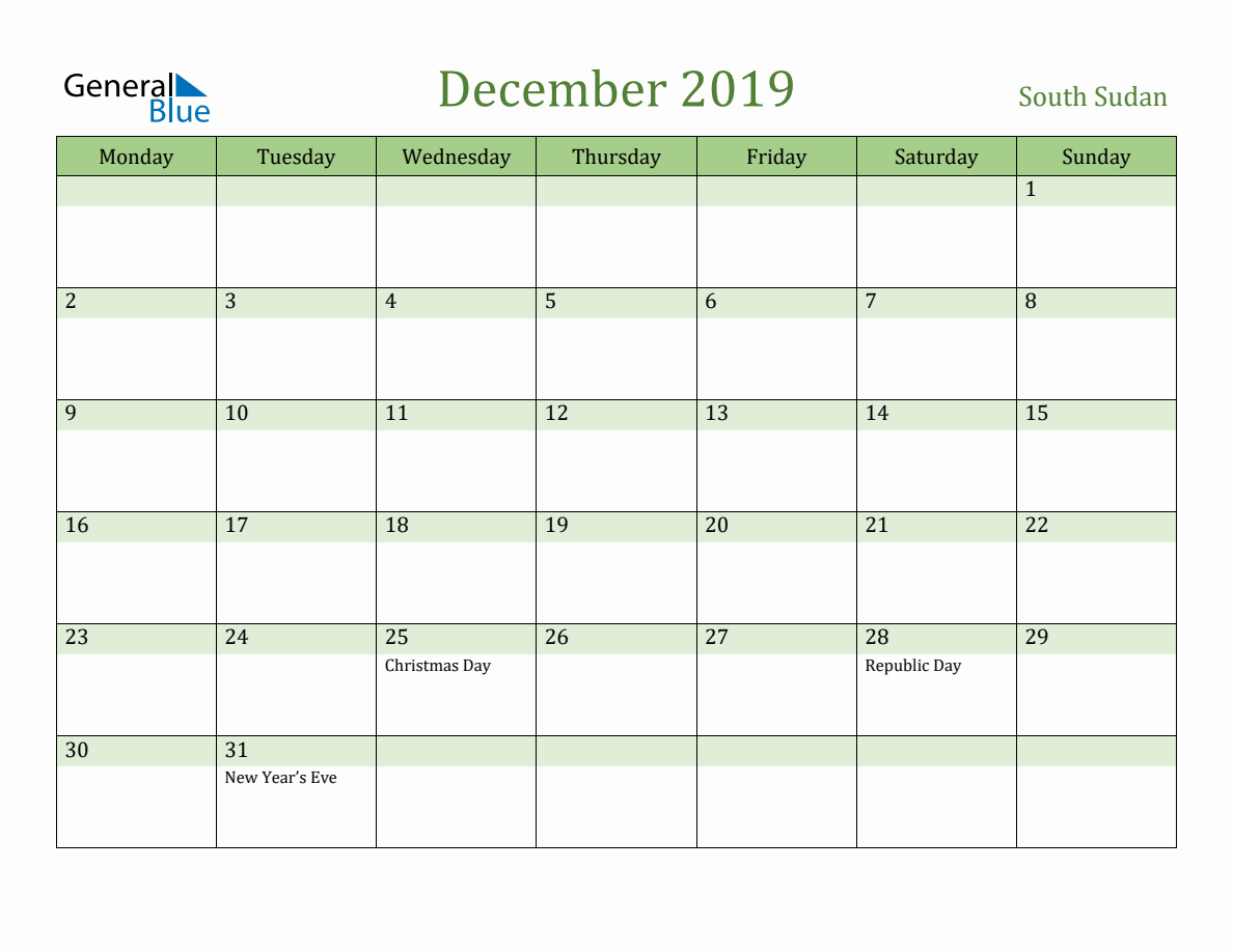 Fillable Holiday Calendar for South Sudan - December 2019