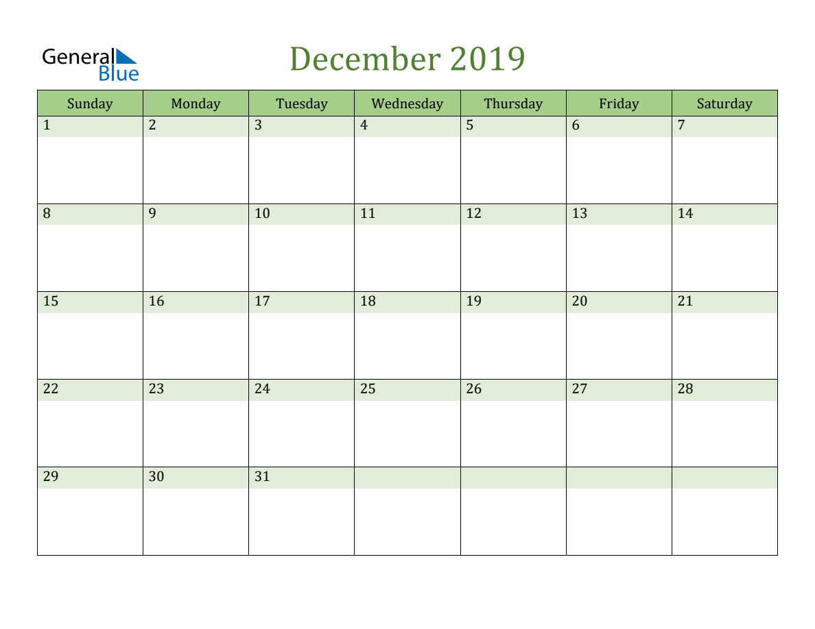 Fillable December 2019 Calendar