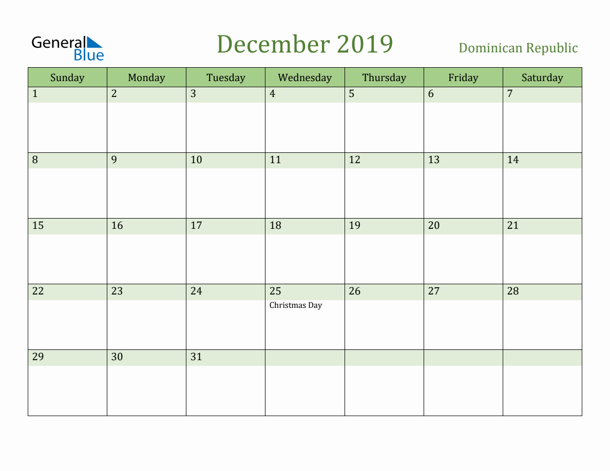 Fillable Holiday Calendar for Dominican Republic - December 2019