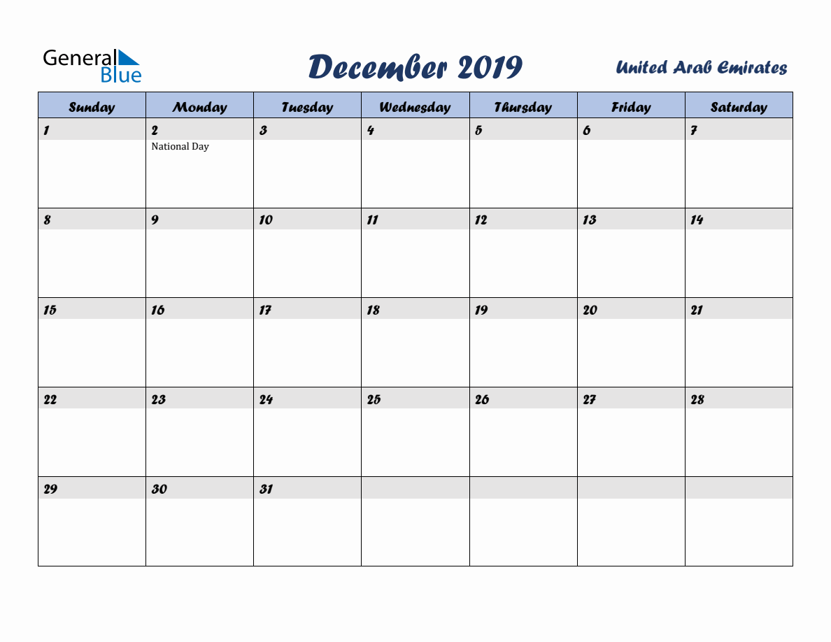 December 2019 Monthly Calendar Template with Holidays for United Arab ...