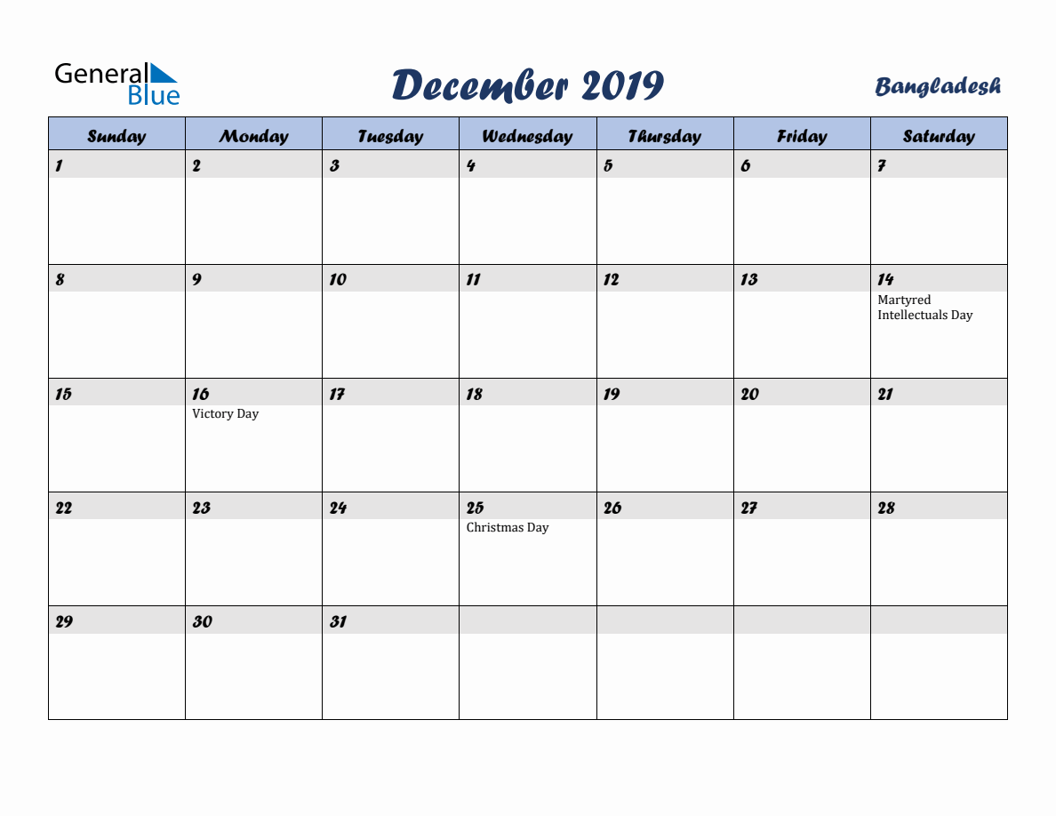December 2019 Monthly Calendar Template with Holidays for Bangladesh