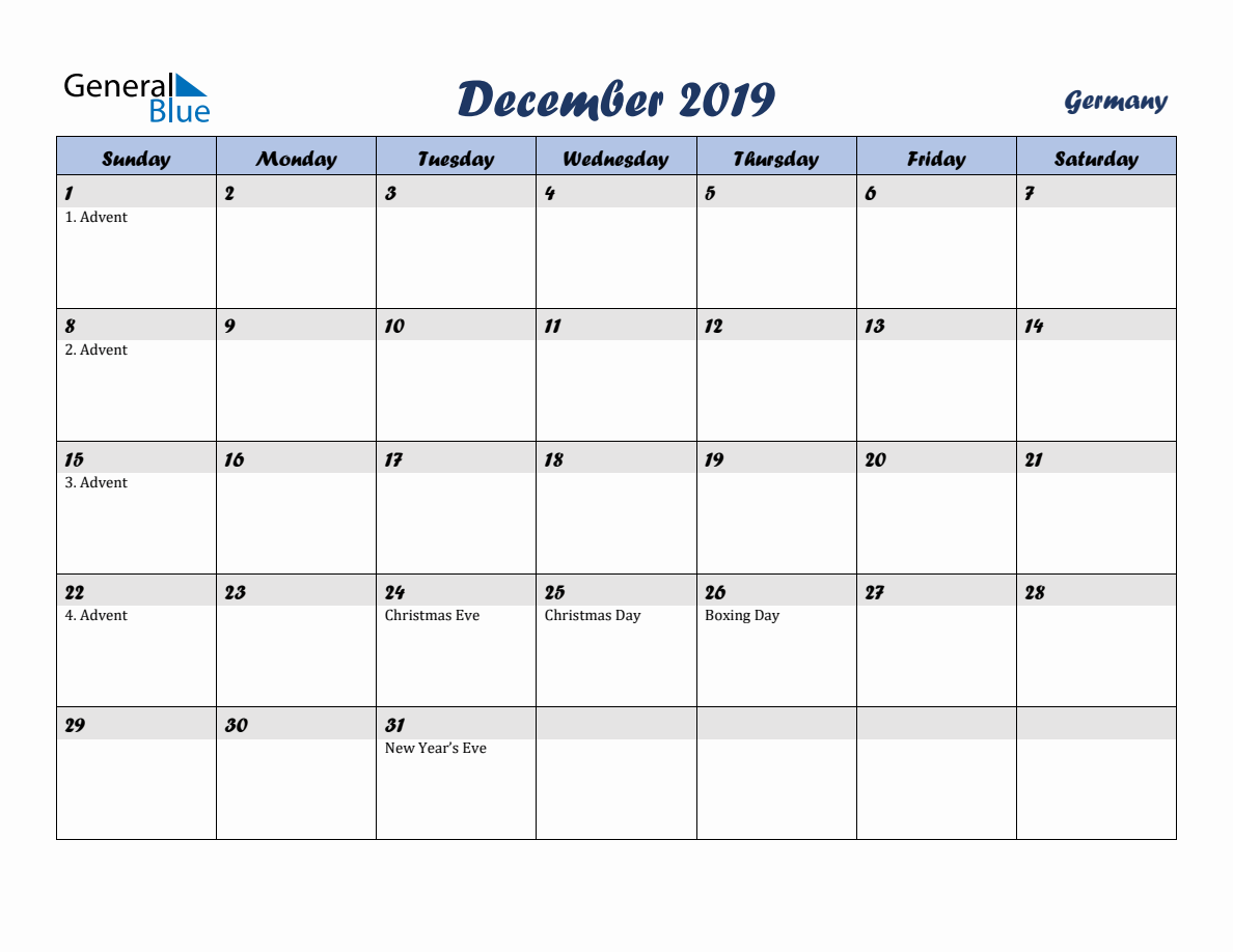 December 2019 Monthly Calendar Template with Holidays for Germany