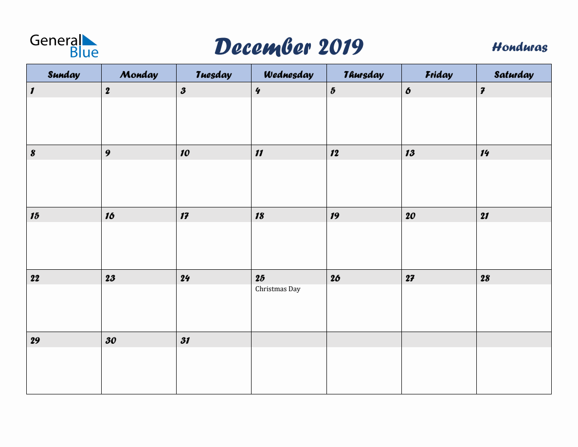 December 2019 Monthly Calendar Template with Holidays for Honduras
