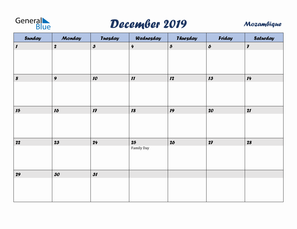 December 2019 Monthly Calendar Template with Holidays for Mozambique