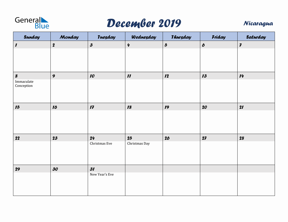 December 2019 Monthly Calendar Template with Holidays for Nicaragua