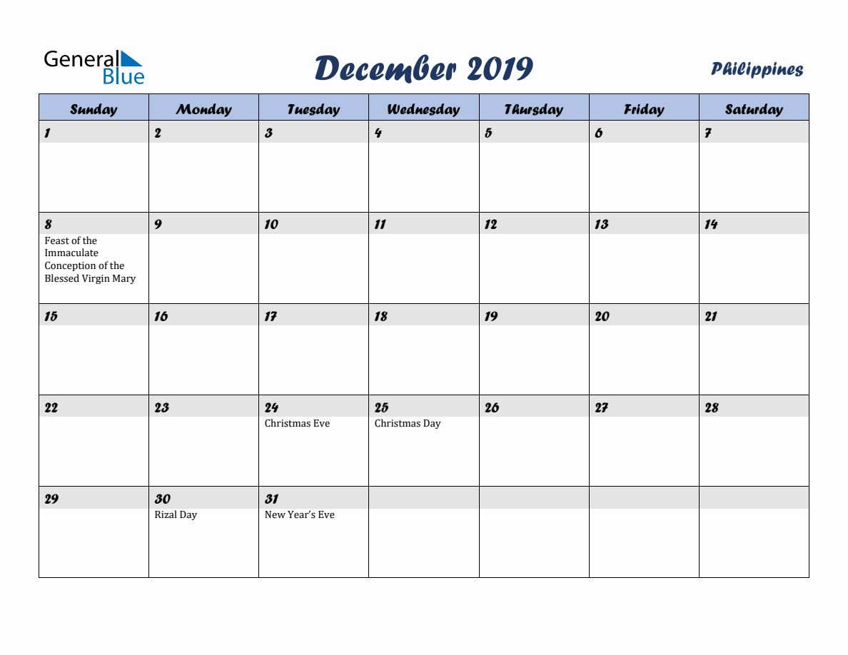 December 2019 Monthly Calendar Template with Holidays for Philippines