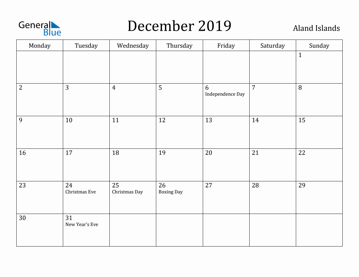 December 2019 - Aland Islands Monthly Calendar with Holidays