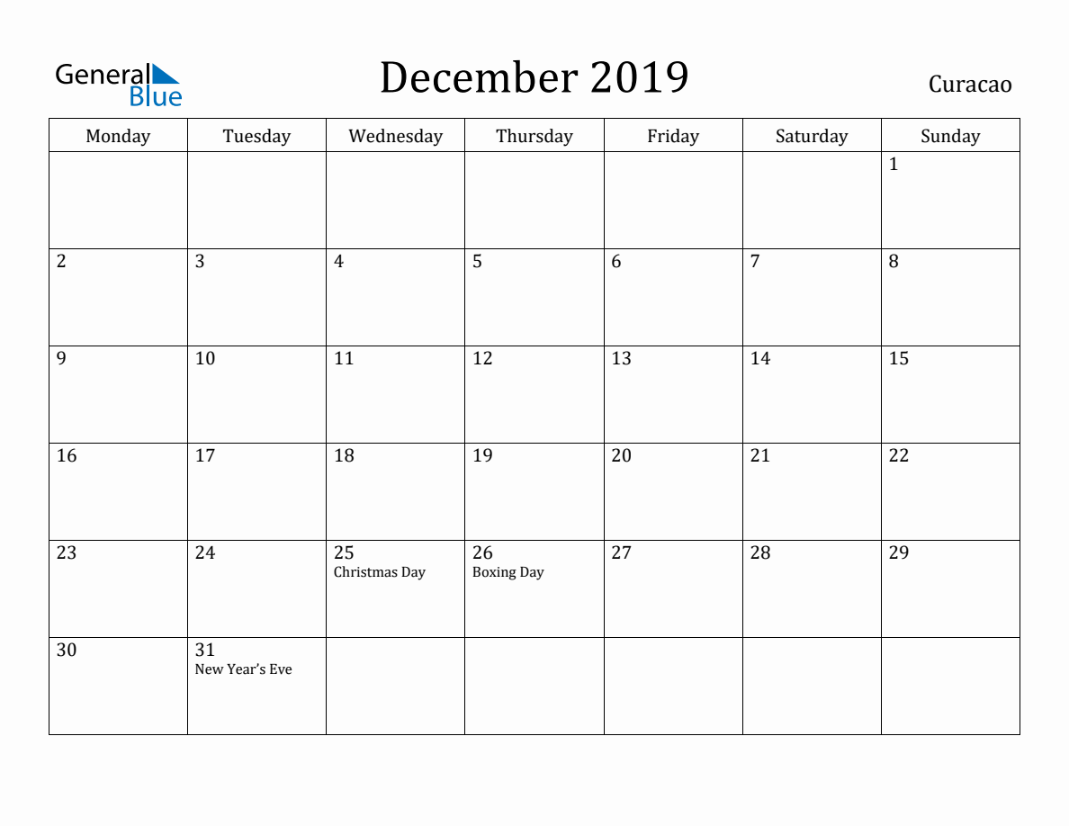 Curacao Monthly Calendar - December 2019 (Monday Start)