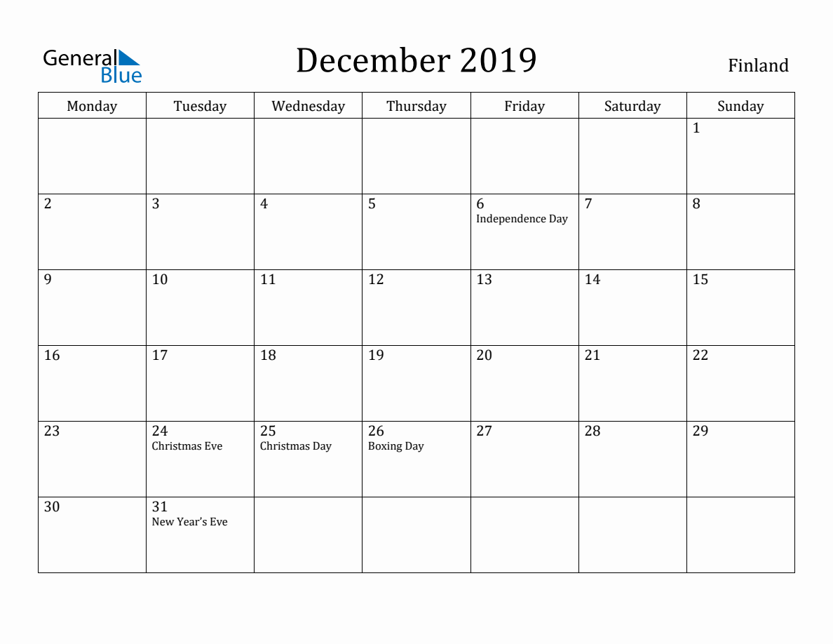 Finland Monthly Calendar - December 2019 (Monday Start)