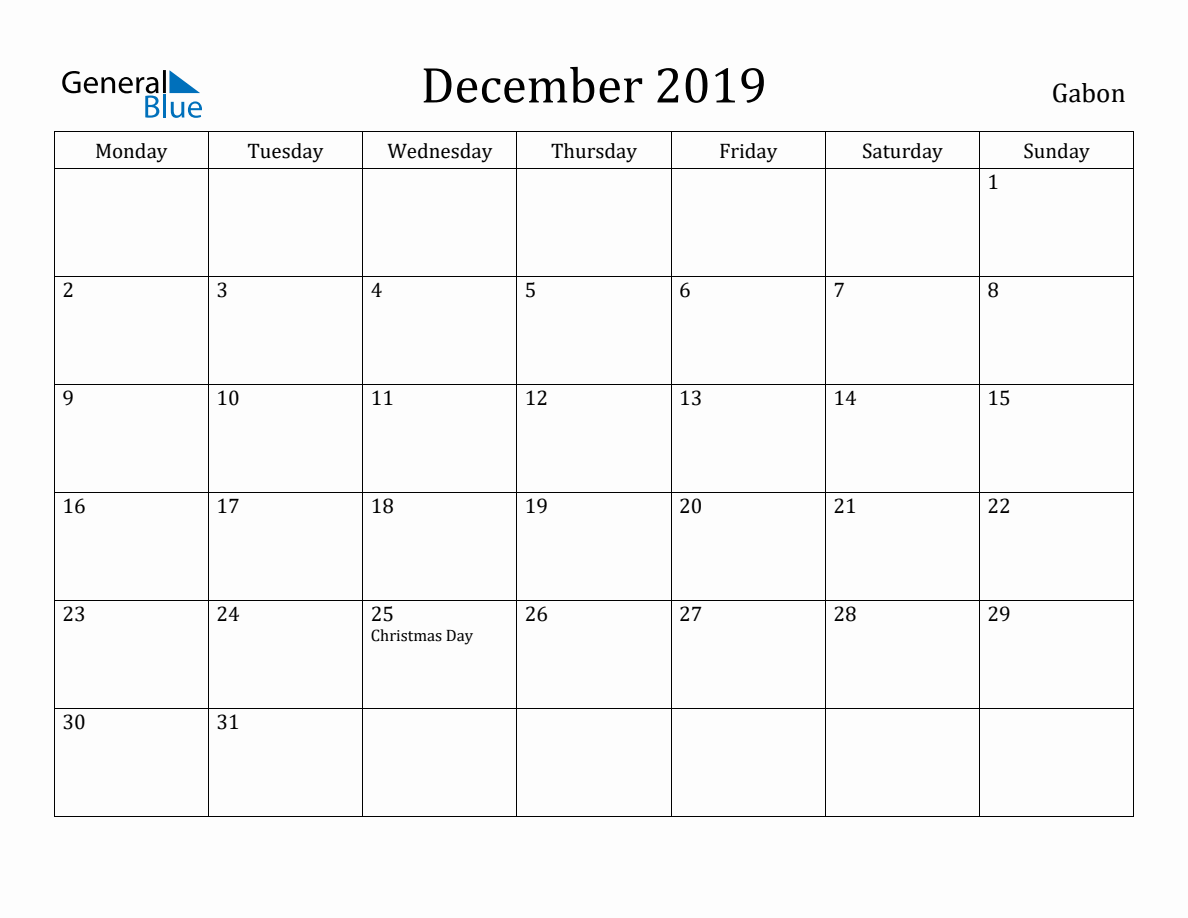 Gabon Monthly Calendar - December 2019 (Monday Start)