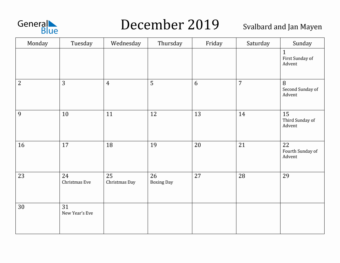 Svalbard and Jan Mayen Monthly Calendar - December 2019 (Monday Start)