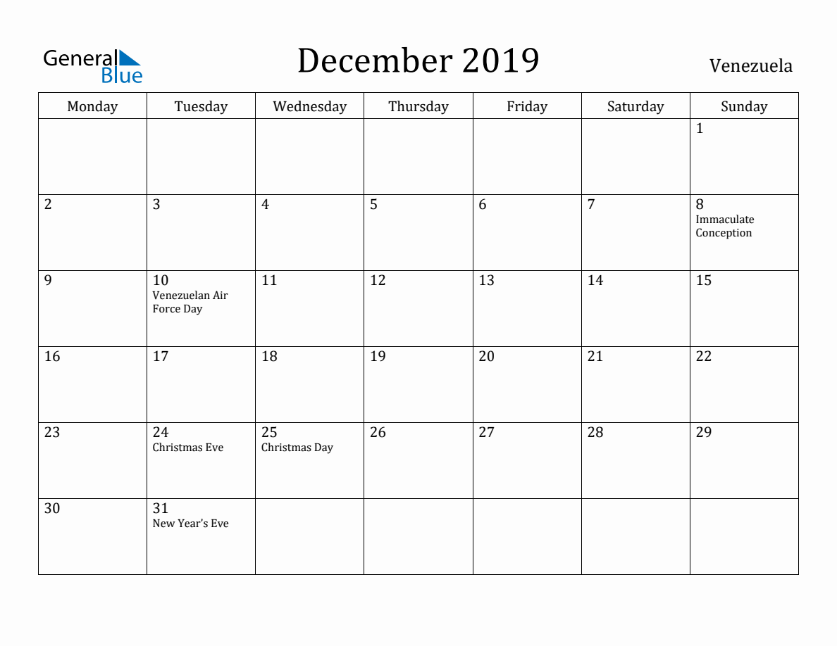 Venezuela Monthly Calendar - December 2019 (Monday Start)