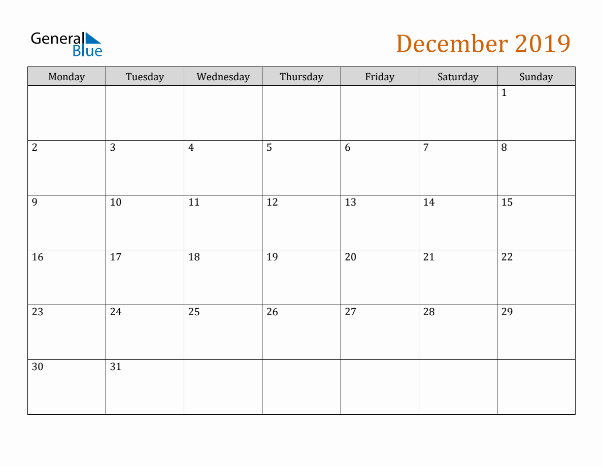December 2019 Generic Monthly Calendar - Monday Start