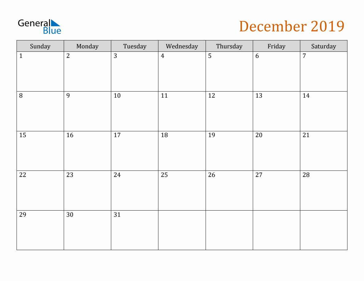 December 2019 Generic Monthly Calendar